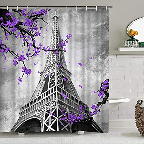 DuoBaorom 4 Pieces Set Building Shower Curtain Set Eiffel Tower Leaning Tower Big Ben Purple Flower on Non-Slip Rugs Toilet Lid Cover Bath Mat and Bathroom Curtain with 12 Hooks 72x72inch