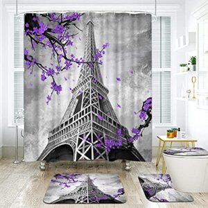 DuoBaorom 4 Pieces Set Building Shower Curtain Set Eiffel Tower Leaning Tower Big Ben Purple Flower on Non-Slip Rugs Toilet Lid Cover Bath Mat and Bathroom Curtain with 12 Hooks 72x72inch