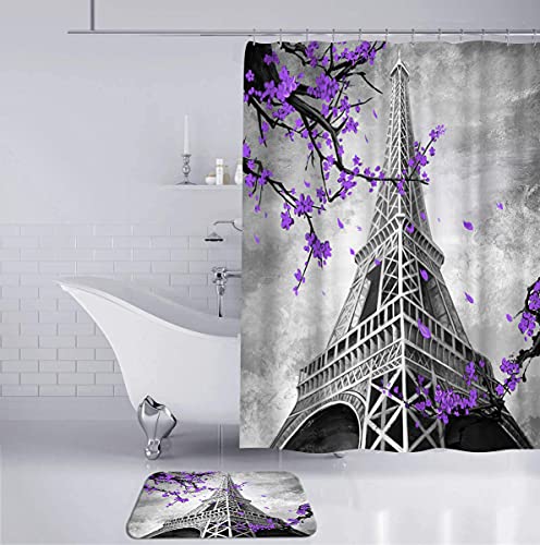 DuoBaorom 4 Pieces Set Building Shower Curtain Set Eiffel Tower Leaning Tower Big Ben Purple Flower on Non-Slip Rugs Toilet Lid Cover Bath Mat and Bathroom Curtain with 12 Hooks 72x72inch