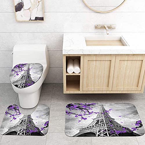 DuoBaorom 4 Pieces Set Building Shower Curtain Set Eiffel Tower Leaning Tower Big Ben Purple Flower on Non-Slip Rugs Toilet Lid Cover Bath Mat and Bathroom Curtain with 12 Hooks 72x72inch