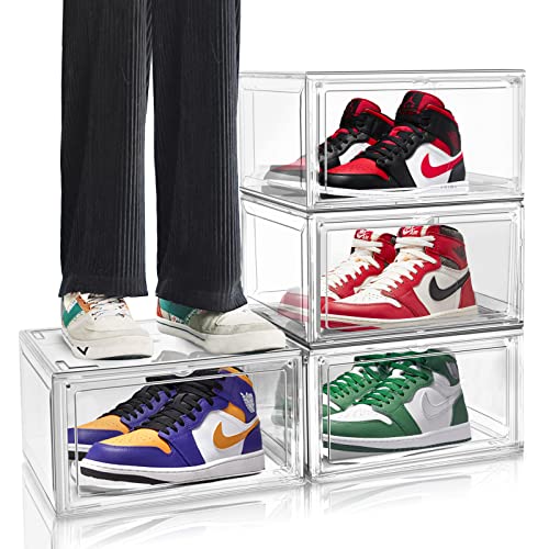 EDS FAM 4 Pack Sneaker Storage for Sneakerheads Shoe Boxes Crates Clear Plastic Stackable Boot Display Case