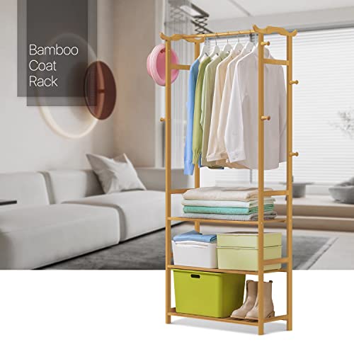 MoNiBloom Freestanding Garment Rack with Shelves and Hooks, Bamboo Tall 3 Tiers Clothes Racks Clothing Storage Shelving Unit for Bedroom Laundry Room Guest Room, Natural