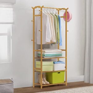 MoNiBloom Freestanding Garment Rack with Shelves and Hooks, Bamboo Tall 3 Tiers Clothes Racks Clothing Storage Shelving Unit for Bedroom Laundry Room Guest Room, Natural