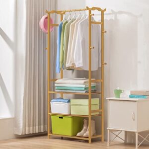 MoNiBloom Freestanding Garment Rack with Shelves and Hooks, Bamboo Tall 3 Tiers Clothes Racks Clothing Storage Shelving Unit for Bedroom Laundry Room Guest Room, Natural