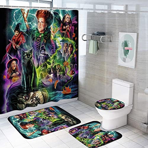 Halloween Hocus Pocus Shower Curtain Set Sanderson Sisters Bathroom Decor Waterproof Shower Curtains with Non-Slip Rugs,Toilet Lid Cover and Bath Mat