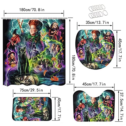 Halloween Hocus Pocus Shower Curtain Set Sanderson Sisters Bathroom Decor Waterproof Shower Curtains with Non-Slip Rugs,Toilet Lid Cover and Bath Mat