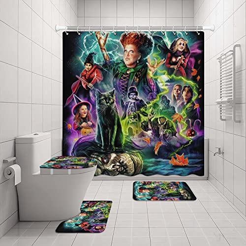 Halloween Hocus Pocus Shower Curtain Set Sanderson Sisters Bathroom Decor Waterproof Shower Curtains with Non-Slip Rugs,Toilet Lid Cover and Bath Mat