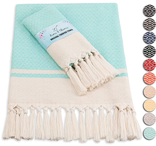 Rumi&Shams Turkish Hand Towel Set of 2 | 100% Cotton Modern Farmhouse Hand Towels | 16 x 32 Inches Boho Towels | Bathroom Hand Towels | Perfect Turkish Kitchen Towels | Bath Hand Towels (Aqua)