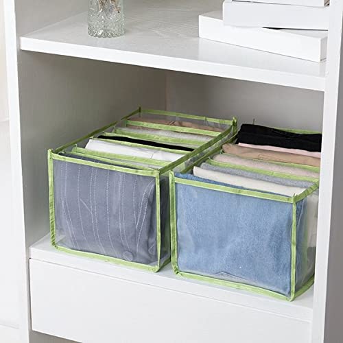 Wardrobe Closet Clothes Organizer Storage Basket - Mesh, Easy to Clean, Foldable, 7 slots for Pants, Jeans, Shirts (36*25*20cm, 7 grid, Green)