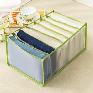 Wardrobe Closet Clothes Organizer Storage Basket - Mesh, Easy to Clean, Foldable, 7 slots for Pants, Jeans, Shirts (36*25*20cm, 7 grid, Green)