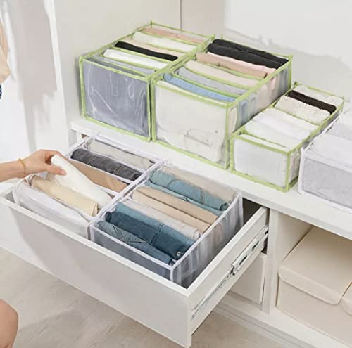 Wardrobe Closet Clothes Organizer Storage Basket - Mesh, Easy to Clean, Foldable, 7 slots for Pants, Jeans, Shirts (36*25*20cm, 7 grid, Green)