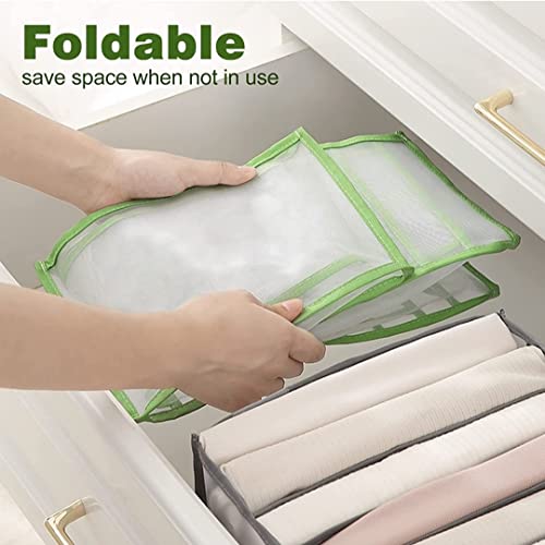 Wardrobe Closet Clothes Organizer Storage Basket - Mesh, Easy to Clean, Foldable, 7 slots for Pants, Jeans, Shirts (36*25*20cm, 7 grid, Green)