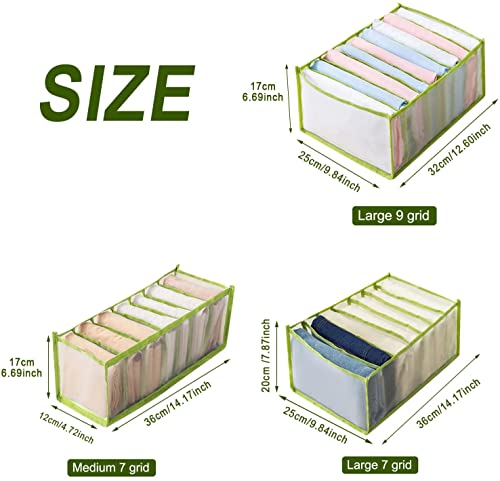 Wardrobe Closet Clothes Organizer Storage Basket - Mesh, Easy to Clean, Foldable, 7 slots for Pants, Jeans, Shirts (36*25*20cm, 7 grid, Green)