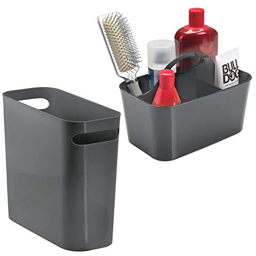 mDesign 2 Piece Combo - Plastic Trash Can & Bathroom Caddy - For Bathroom - Store and Organize Bathroom - Divided Basket Bin with Handle for Bathroom - Set of 2 - Charcoal Gray