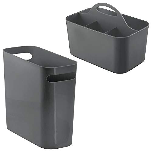 mDesign 2 Piece Combo - Plastic Trash Can & Bathroom Caddy - For Bathroom - Store and Organize Bathroom - Divided Basket Bin with Handle for Bathroom - Set of 2 - Charcoal Gray