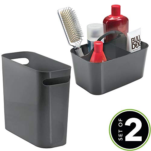 mDesign 2 Piece Combo - Plastic Trash Can & Bathroom Caddy - For Bathroom - Store and Organize Bathroom - Divided Basket Bin with Handle for Bathroom - Set of 2 - Charcoal Gray