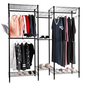 homdox free standing closet, wire shelving clothing rack heavy duty, with side hooks and clothes rods (black)