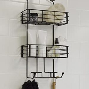 AQ 2-Tier Metal Wire Hanging Shower Caddy w/Hooks & Soap Tray, Organizer Rack Organizer for Shampoo, Bath Items, Hair Products, etc. - Matte Black