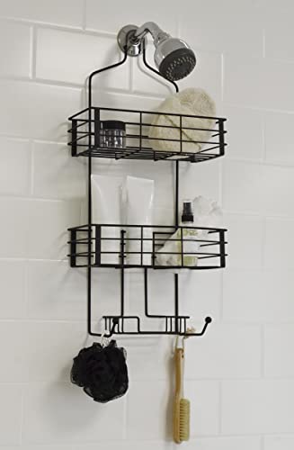 AQ 2-Tier Metal Wire Hanging Shower Caddy w/Hooks & Soap Tray, Organizer Rack Organizer for Shampoo, Bath Items, Hair Products, etc. - Matte Black