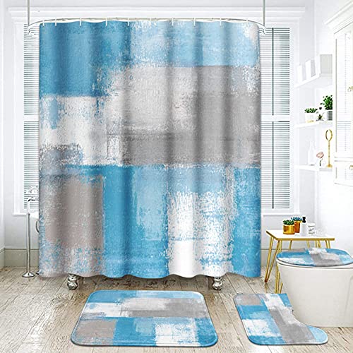 ArtSocket 4 Pcs Shower Curtain Set Grey Blue Abstract Painting Gray with Non-Slip Rugs Toilet Lid Cover and Bath Mat Bathroom Decor Set 72" x 72"