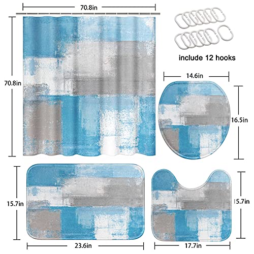 ArtSocket 4 Pcs Shower Curtain Set Grey Blue Abstract Painting Gray with Non-Slip Rugs Toilet Lid Cover and Bath Mat Bathroom Decor Set 72" x 72"