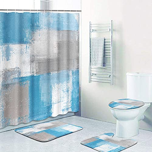 ArtSocket 4 Pcs Shower Curtain Set Grey Blue Abstract Painting Gray with Non-Slip Rugs Toilet Lid Cover and Bath Mat Bathroom Decor Set 72" x 72"