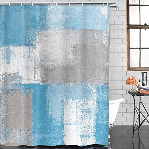 ArtSocket 4 Pcs Shower Curtain Set Grey Blue Abstract Painting Gray with Non-Slip Rugs Toilet Lid Cover and Bath Mat Bathroom Decor Set 72" x 72"