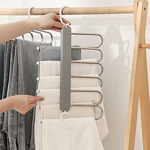 Space Saving Pants Hangers, 6 Layers Folding Multifunctional Pants Rack Hanger Stainless Steel Hangers for Closet Trousers Scarves Clothes Organization, 11.8x11.4x2.6 (White)