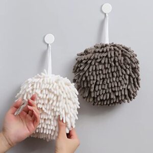 2 Pack Fuzzy Ball Towel White and Gray,Fast Drying Handball Absorbent Soft Towel for Kitchen,Hand Towels for Bathroom Decorative Set,Chenille Hanging Hand Towels