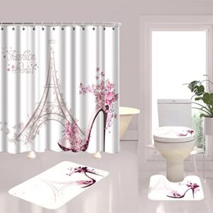 amagical paris eiffel tower decor 16 piece bathroom mat rug set shower curtain set high heeled shoes and pink flower in paris pattern bath mat + contour mat + toilet cover + shower curtain + 12 hooks