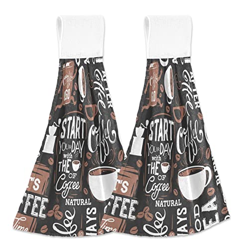 Oarencol Coffee Theme Beans Pattern Kitchen Hand Towel Absorbent Hanging Tie Towels with Loop for Bathroom 2 Pcs