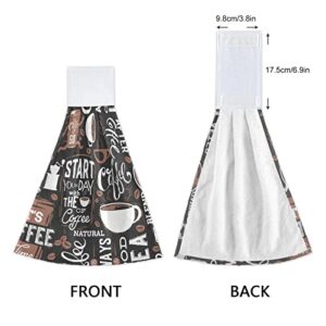 Oarencol Coffee Theme Beans Pattern Kitchen Hand Towel Absorbent Hanging Tie Towels with Loop for Bathroom 2 Pcs