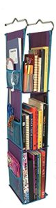 lockerworks 3 shelf adjustable hanging locker organizer, 20-38" tall x 6" wide x 9" deep, shelves 12"-14" tall, hangs from shelf, hooks or rod to create storage space. purple with teal trim