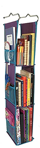 LockerWorks 3 Shelf Adjustable Hanging Locker Organizer, 20-38" Tall x 6" Wide x 9" Deep, Shelves 12"-14" Tall, Hangs from Shelf, Hooks or Rod to Create Storage Space. Purple with Teal Trim