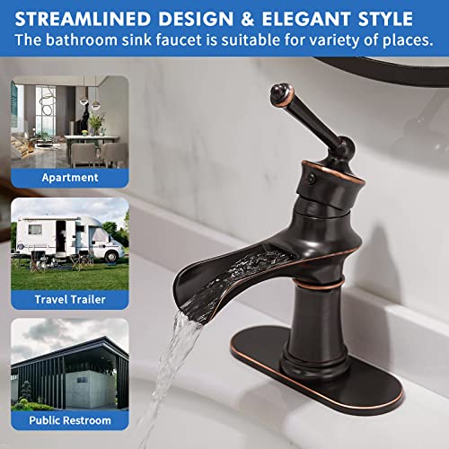 RUMOSE Bathroom Faucets for Sink 1 Hole & 3 Hole Oil Rubbed Bronze Bathroom Sink Faucets & Parts Waterfall Single Handle Bathroom Faucets Vanity Faucet RV Bathroom Brass Basin Faucet