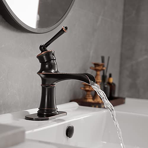 RUMOSE Bathroom Faucets for Sink 1 Hole & 3 Hole Oil Rubbed Bronze Bathroom Sink Faucets & Parts Waterfall Single Handle Bathroom Faucets Vanity Faucet RV Bathroom Brass Basin Faucet