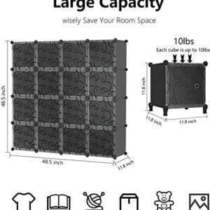 Cube Storage Organizer, 16-Cube Closet Organizer with Doors, 12" × 12" Modular Storage Book Shelves, Plastic Stackable Cubes Cabinet Wardrobe for Bedroom, Home, Black (4 × 4 Cubes)