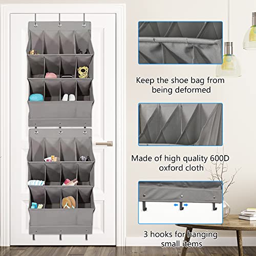 BestFire Over The Door Shoe Organizers, Large Hanging Shoe Organizer with 24 Pockets, Oxford Cloth Shoe Storage Organizer for Men Women Kids Shoe Storage, Grey, 2 Pack