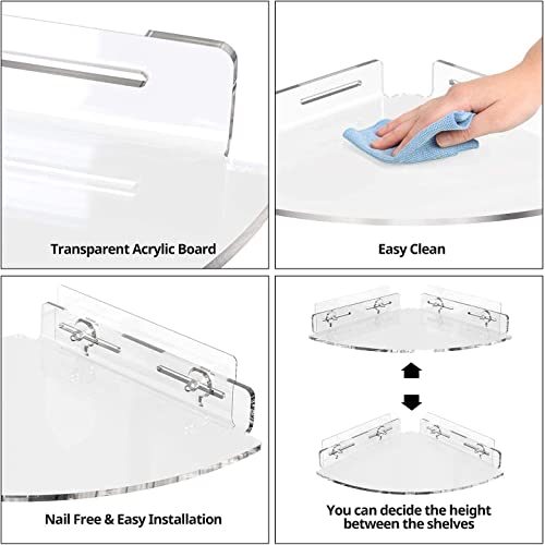 GeekDigg 2 Pack Corner Shower Caddy, Transparent Acrylic Shower Shelves, Wall Mounted No Drilling Traceless Adhesive Bathroom Storage Organizer for Living Room, Toilet and Kitchen