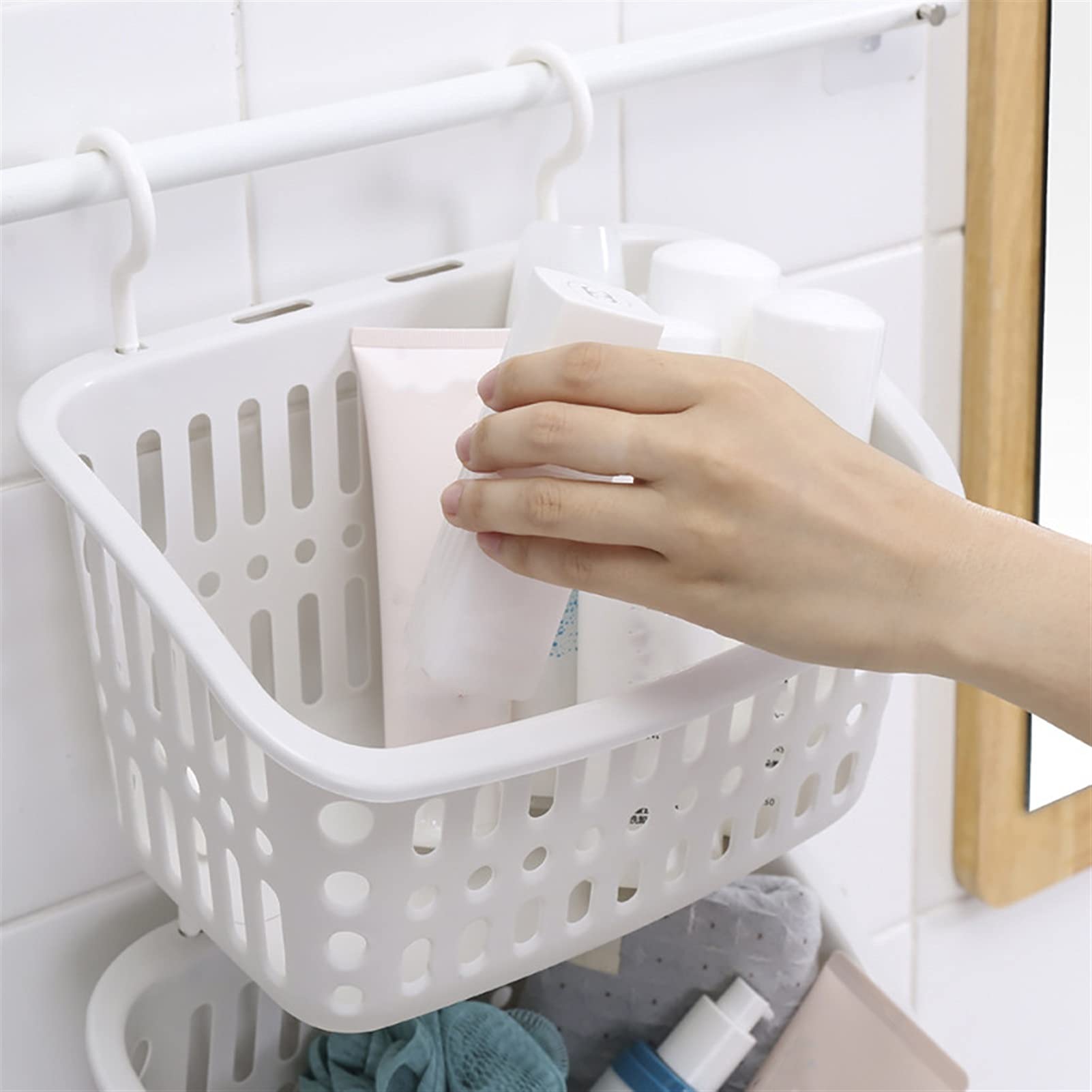 NFEGSIYA Bath Basket Plastic Hanging Shower Basket with Hook Makeup Organizer Basket for Bathroom Storage Holder Kitchen Holder (Color : Square White S)