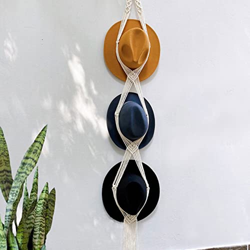 2Pcs Boho Hat Hangers, 5.74ft Macrame Hat Hangers Handmade Cotton Rope Woven Hat Hangers Bohemian Cap Holder Decorative Weaving Hanging Hat Organizer for Display Beach Hat Sun Hat Wide Brim Caps