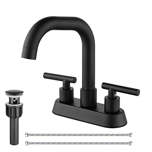 Cinwiny Matte Black 4 inch centerset Bathroom Faucet Two Handle Vanity Faucet Swivel Spout 360 Degree Deck Mounted Mixer Tap with Pop-up Stopper Water Supply Hoses