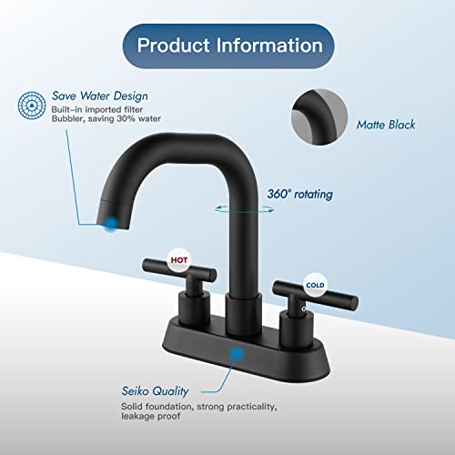 Cinwiny Matte Black 4 inch centerset Bathroom Faucet Two Handle Vanity Faucet Swivel Spout 360 Degree Deck Mounted Mixer Tap with Pop-up Stopper Water Supply Hoses