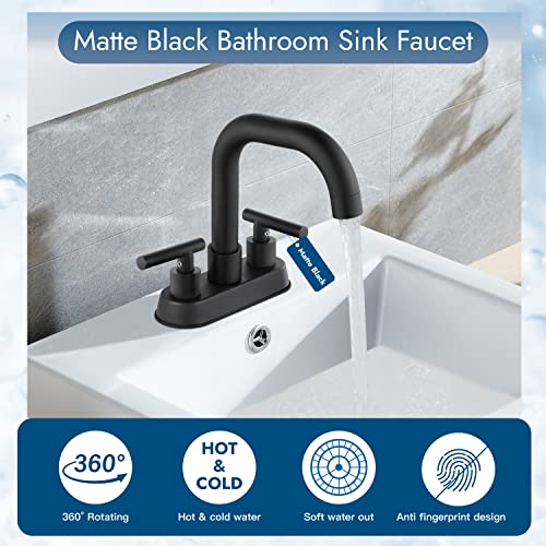 Cinwiny Matte Black 4 inch centerset Bathroom Faucet Two Handle Vanity Faucet Swivel Spout 360 Degree Deck Mounted Mixer Tap with Pop-up Stopper Water Supply Hoses