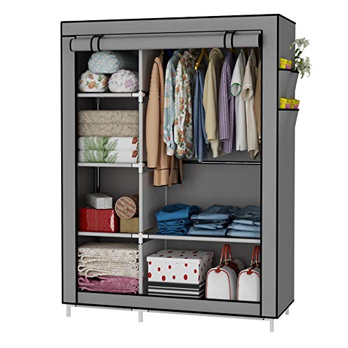 UDEAR Closet Organizer Wardrobe Clothes Storage Shelves, No-Woven Fabric Cover with Side Pockets,Grey