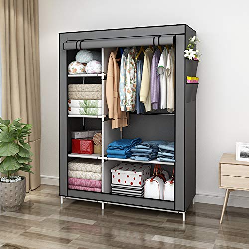 UDEAR Closet Organizer Wardrobe Clothes Storage Shelves, No-Woven Fabric Cover with Side Pockets,Grey