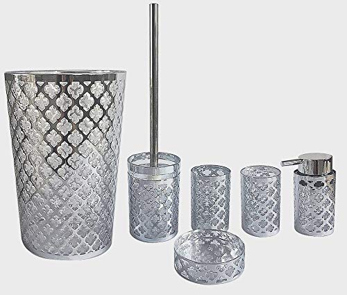 BH Home & Linen Luxurious 6 Pieces Bathroom Accessory Set. Maded of 100% Polyresin. (Geneva Chrome)