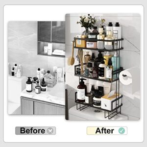 Fokyfok Over Toilet Bathroom Organizer,Over The Toilet Storage Shelf, Toilet Shelf with Toilet Paper Holder,Bathroom Shelf Over Toilet,3 Tier Toilet Storage Rack Black Metal (Black)