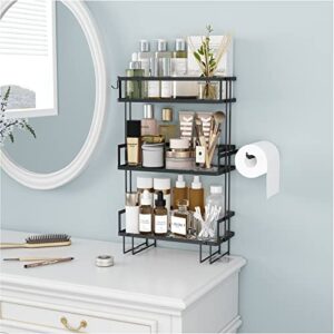 Fokyfok Over Toilet Bathroom Organizer,Over The Toilet Storage Shelf, Toilet Shelf with Toilet Paper Holder,Bathroom Shelf Over Toilet,3 Tier Toilet Storage Rack Black Metal (Black)