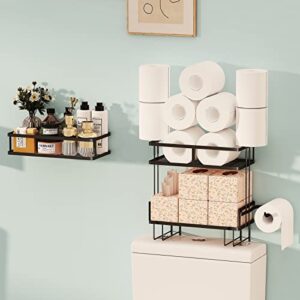 Fokyfok Over Toilet Bathroom Organizer,Over The Toilet Storage Shelf, Toilet Shelf with Toilet Paper Holder,Bathroom Shelf Over Toilet,3 Tier Toilet Storage Rack Black Metal (Black)